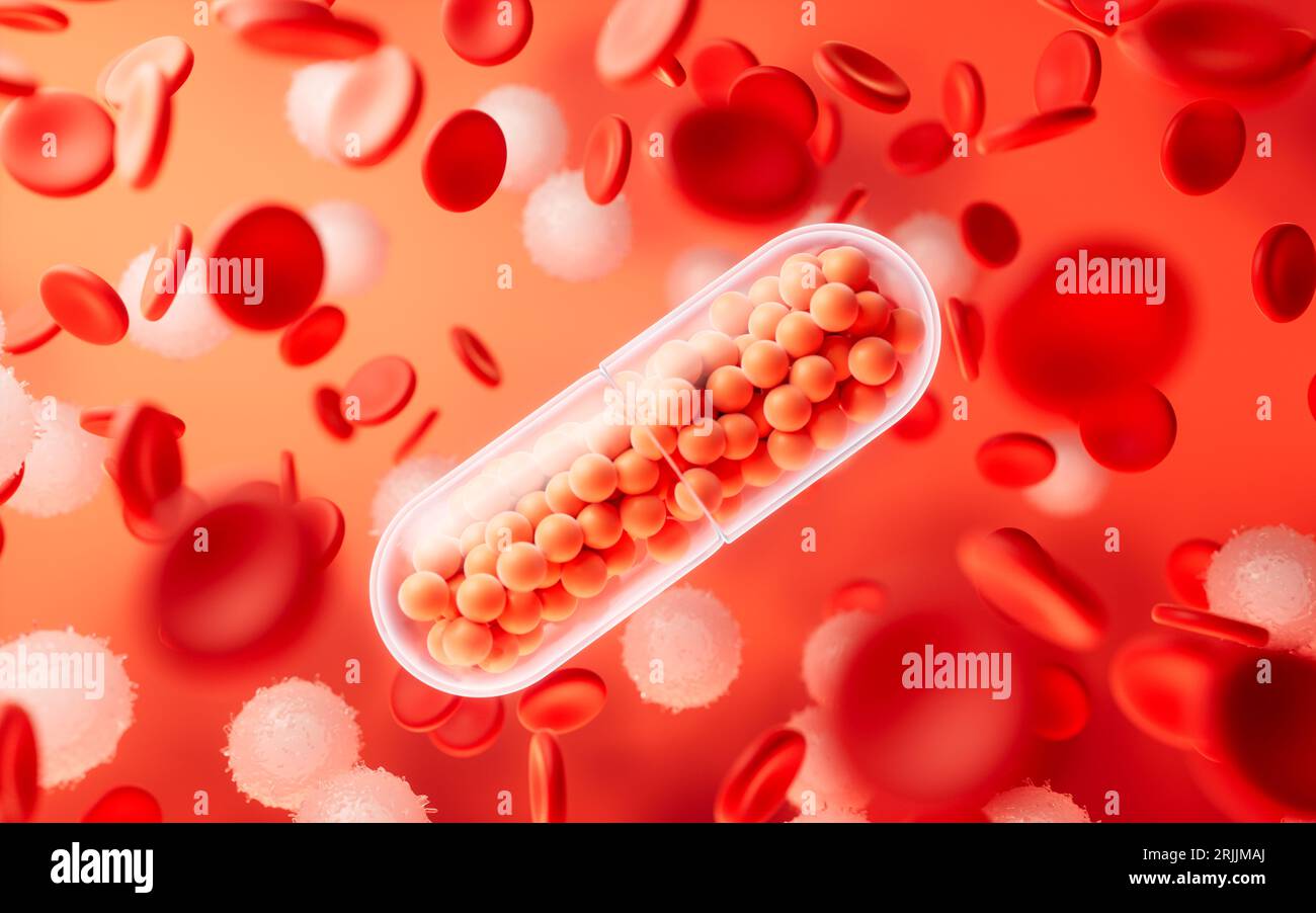 Capsule and blood cells, 3d rendering. Digital drawing Stock Photo - Alamy