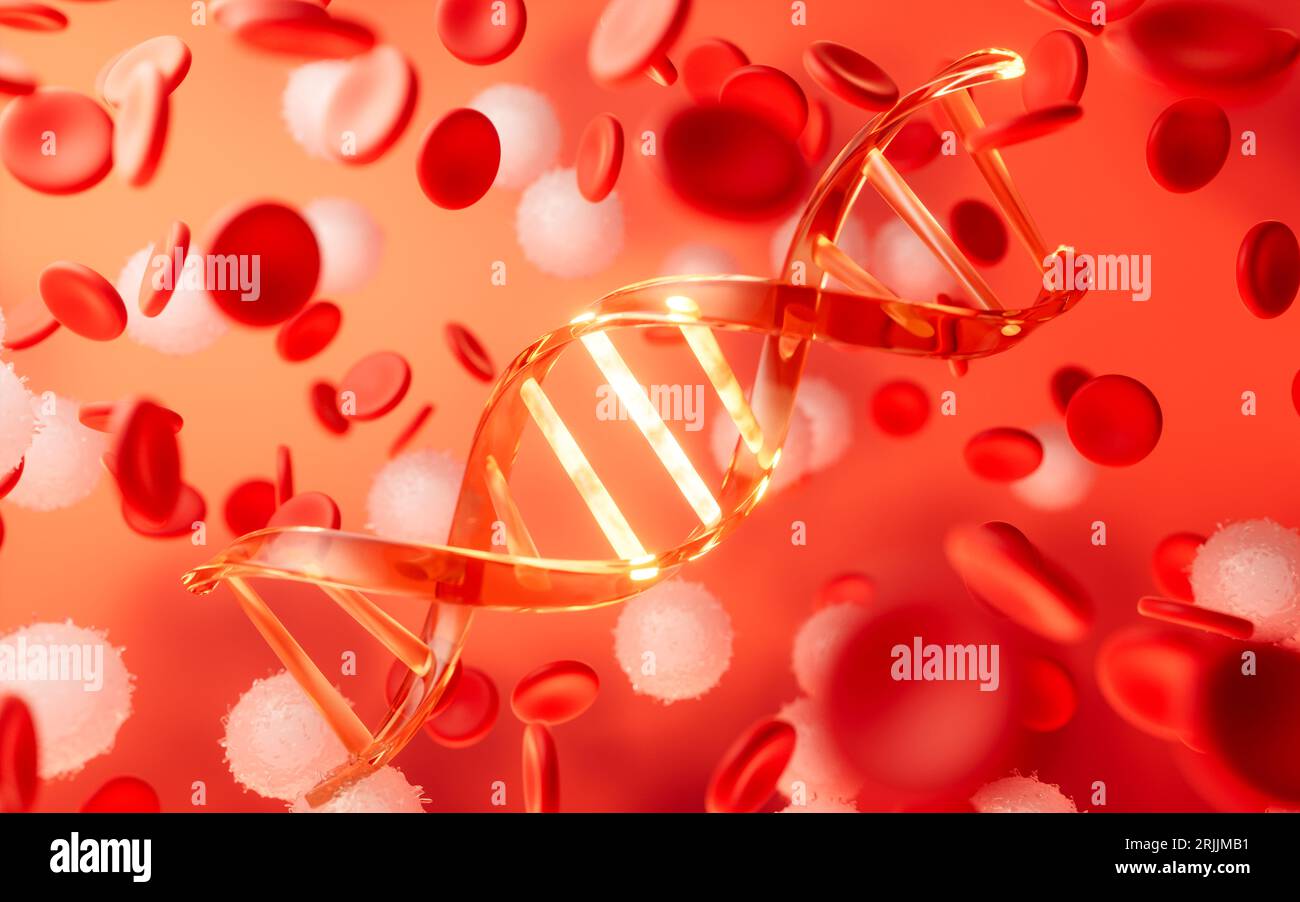 DNA and red blood cells, 3d rendering. Digital drawing Stock Photo - Alamy