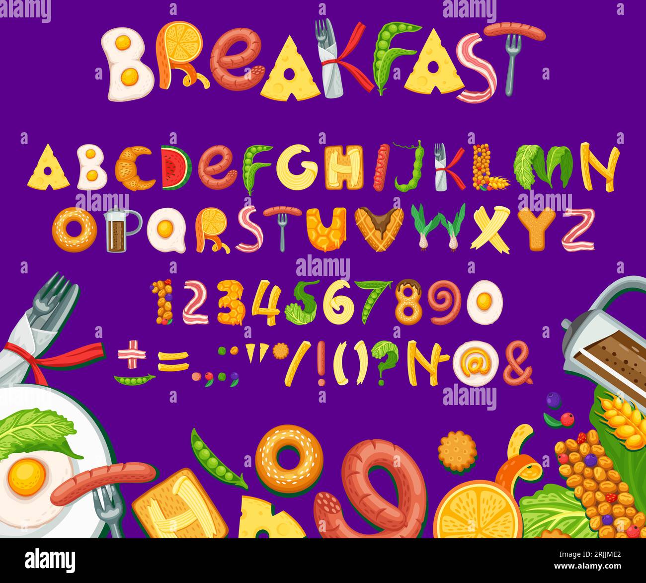 Cartoon breakfast food font, healthy type, lunch typeface, appetizing ...