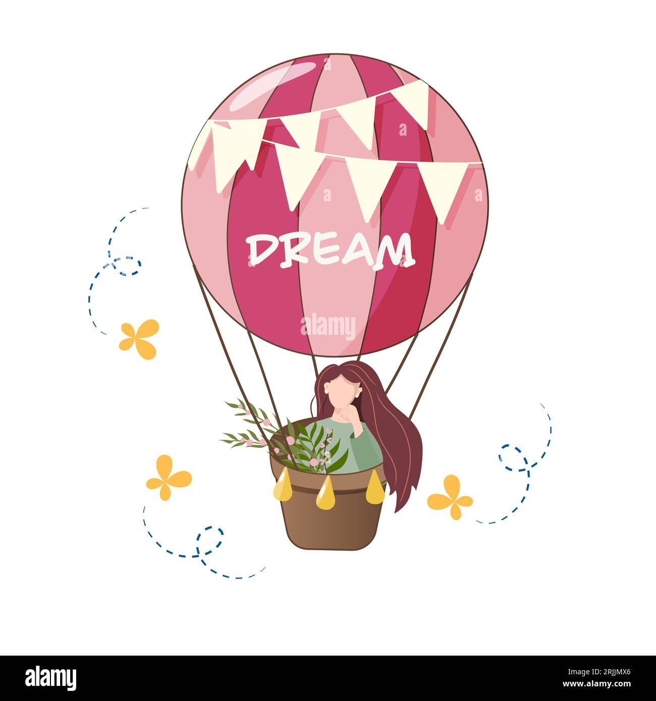 Girl flying in a pink air balloon. Dream concept Stock Vector Image ...