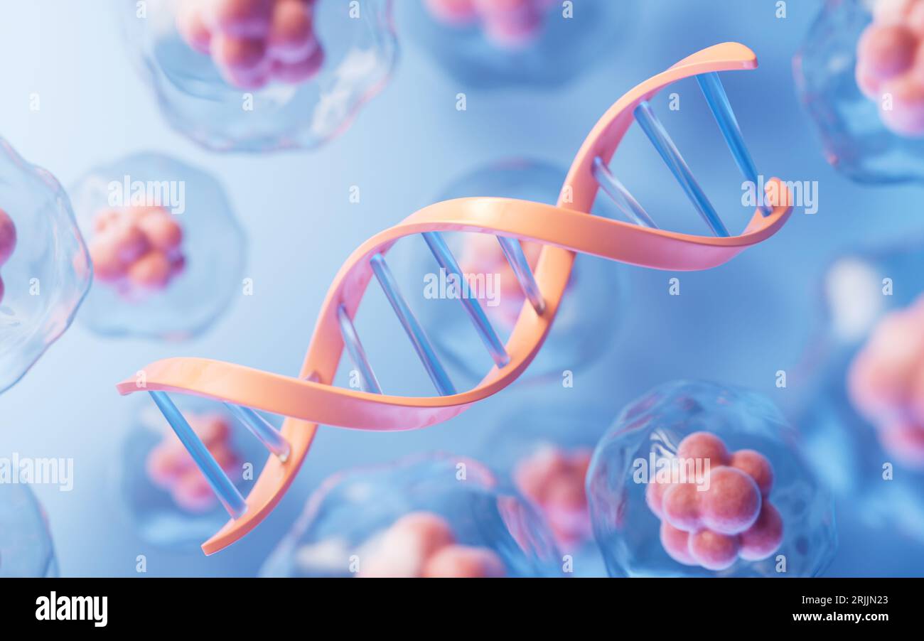 DNA biology structure and transparent cell, 3d rendering. Digital ...