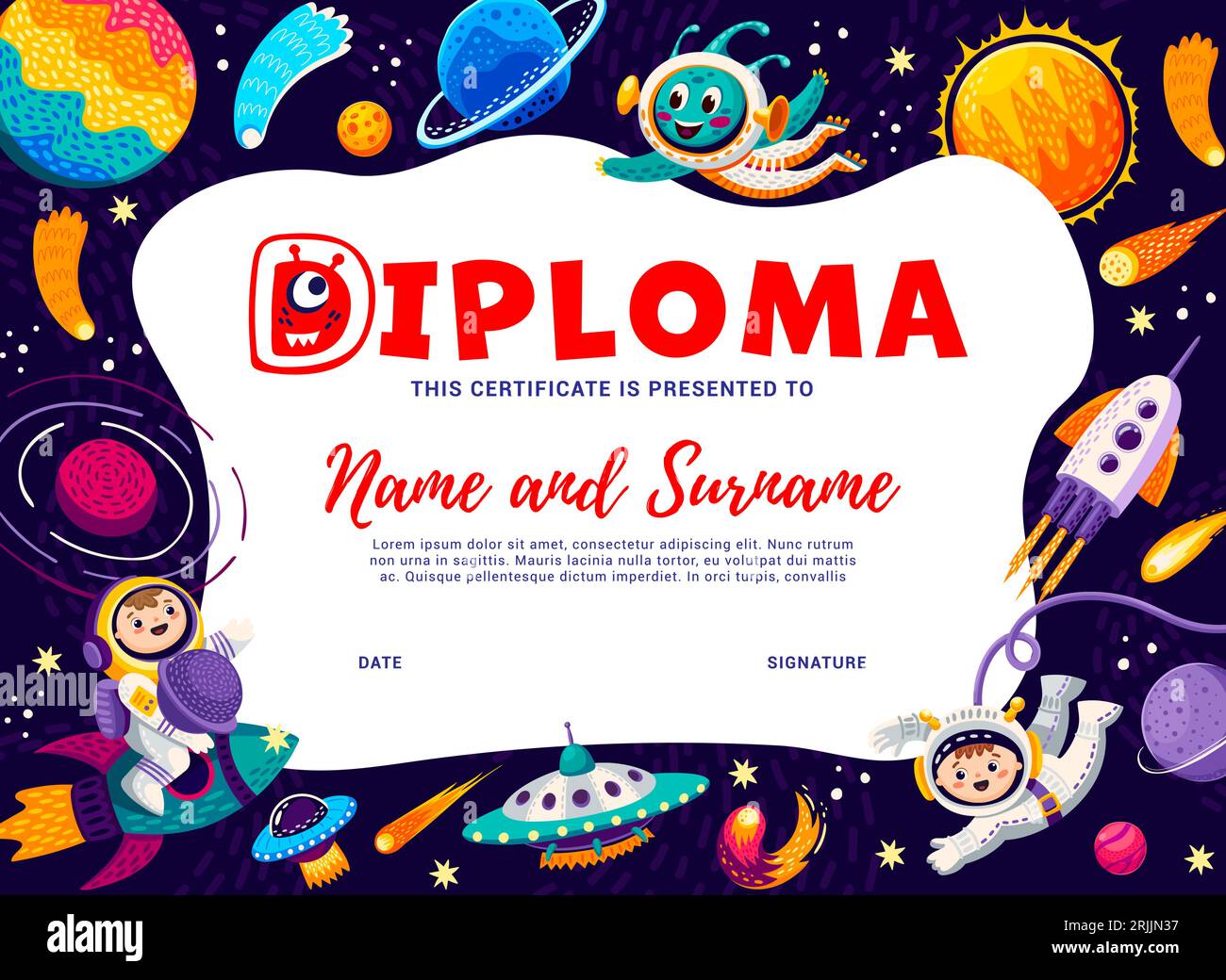 Kids diploma. Cartoon astronauts, aliens, space planets and ufo. Child ...