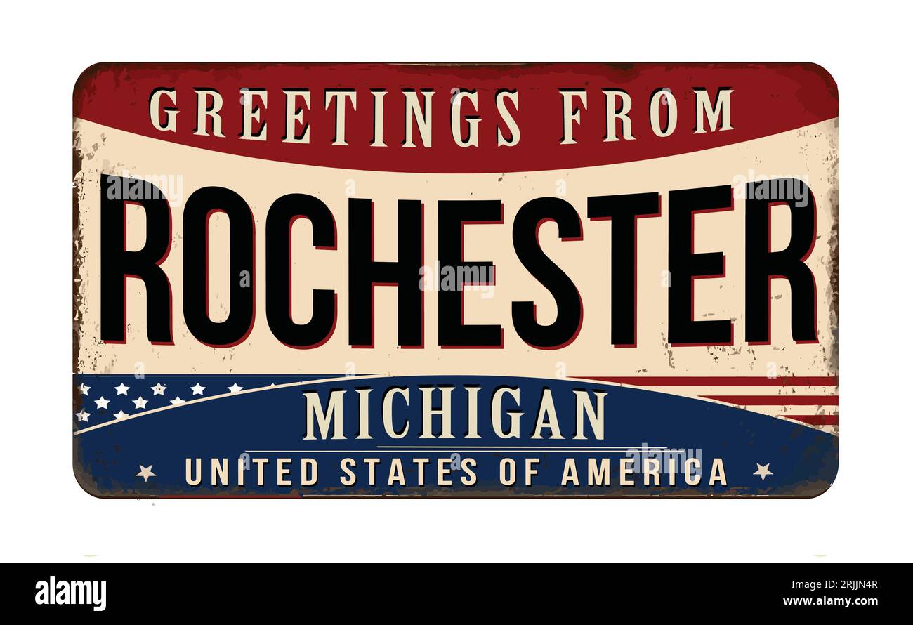 Greetings from Rochester vintage rusty metal sign on a white background ...