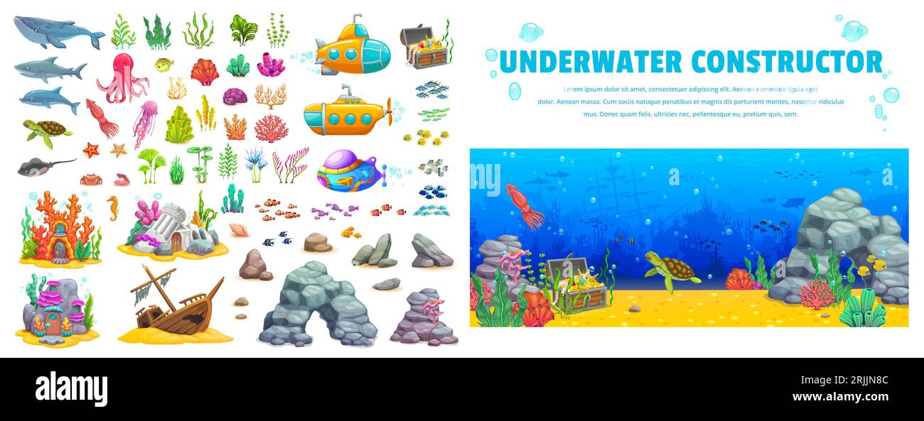Underwater landscape constructor kit. Cartoon animals, seaweeds ...