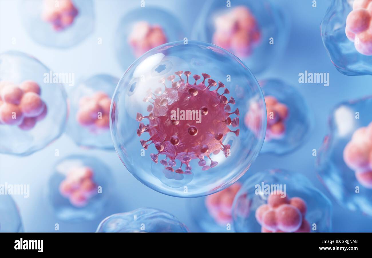 Transparent virus with cells background, 3d rendering. Digital drawing ...