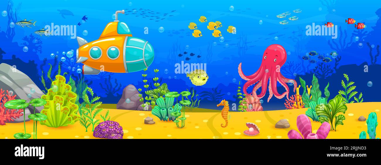 Cartoon octopus, submarine and fish shoals on underwater landscape ...