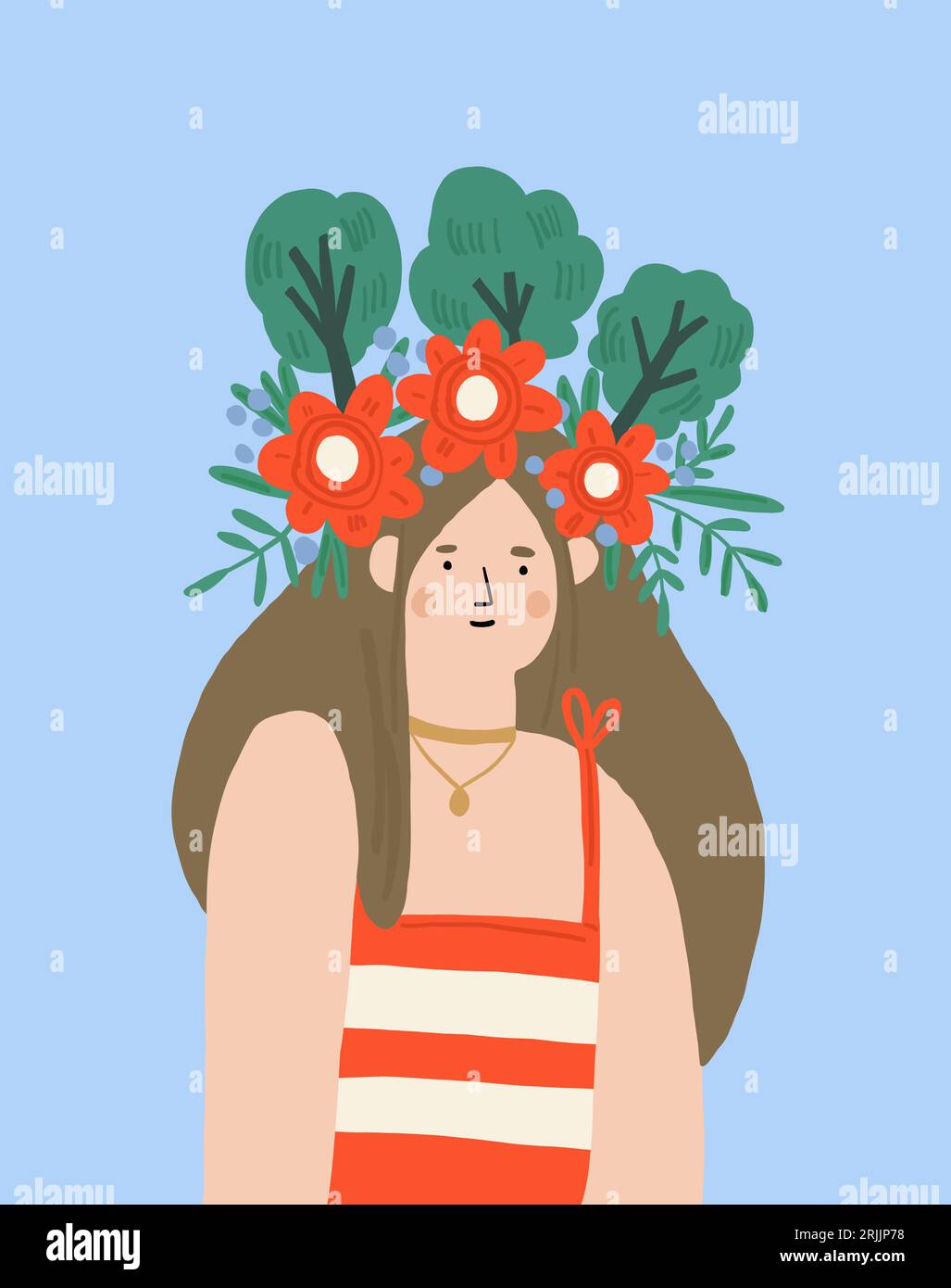 Cute girl character in hand drawn style in red tshirt with natural ...