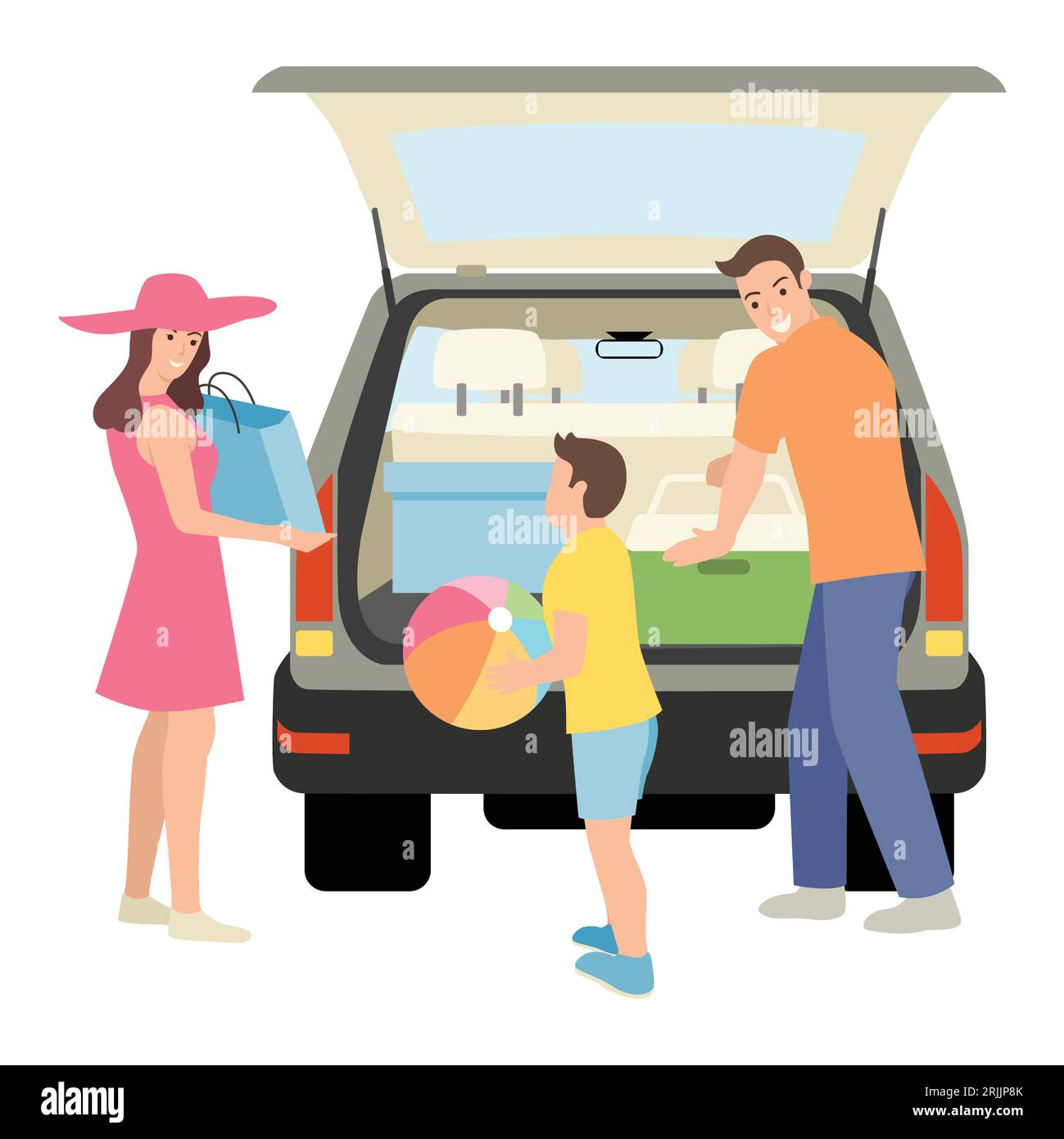 Simple flat cartoon illustration of a family packing things into car ...