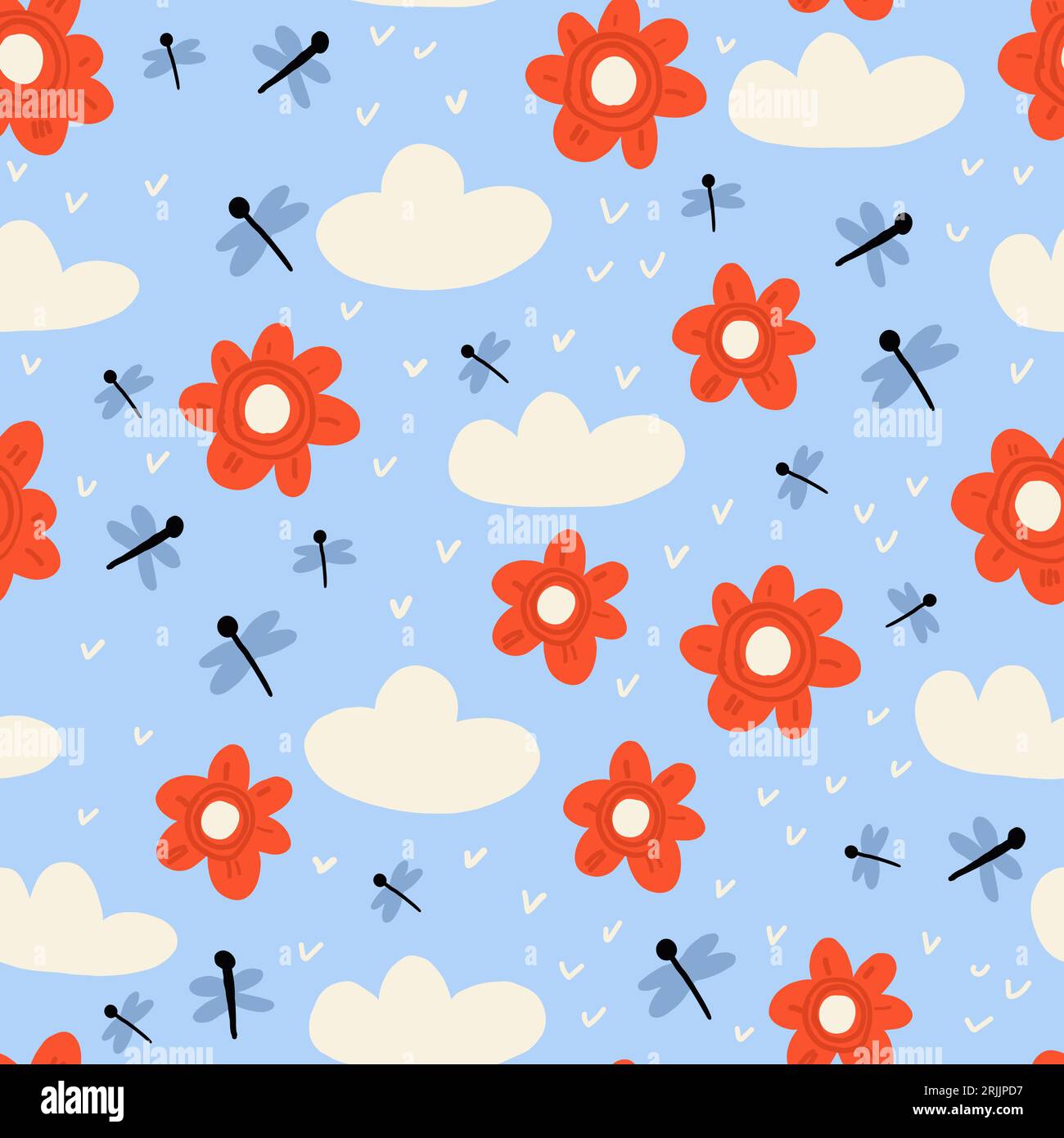 Cute pattern with dragonflies, red flowers, clouds on light blue ...