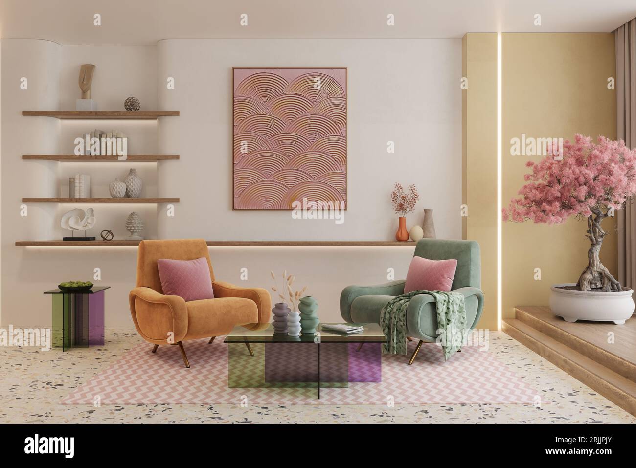 Colorful and vibrant interior designs of living room adorned with cozy ...