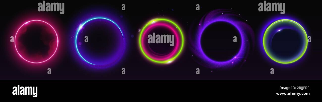 Colorful circular light flare effects isolated on dark black background ...