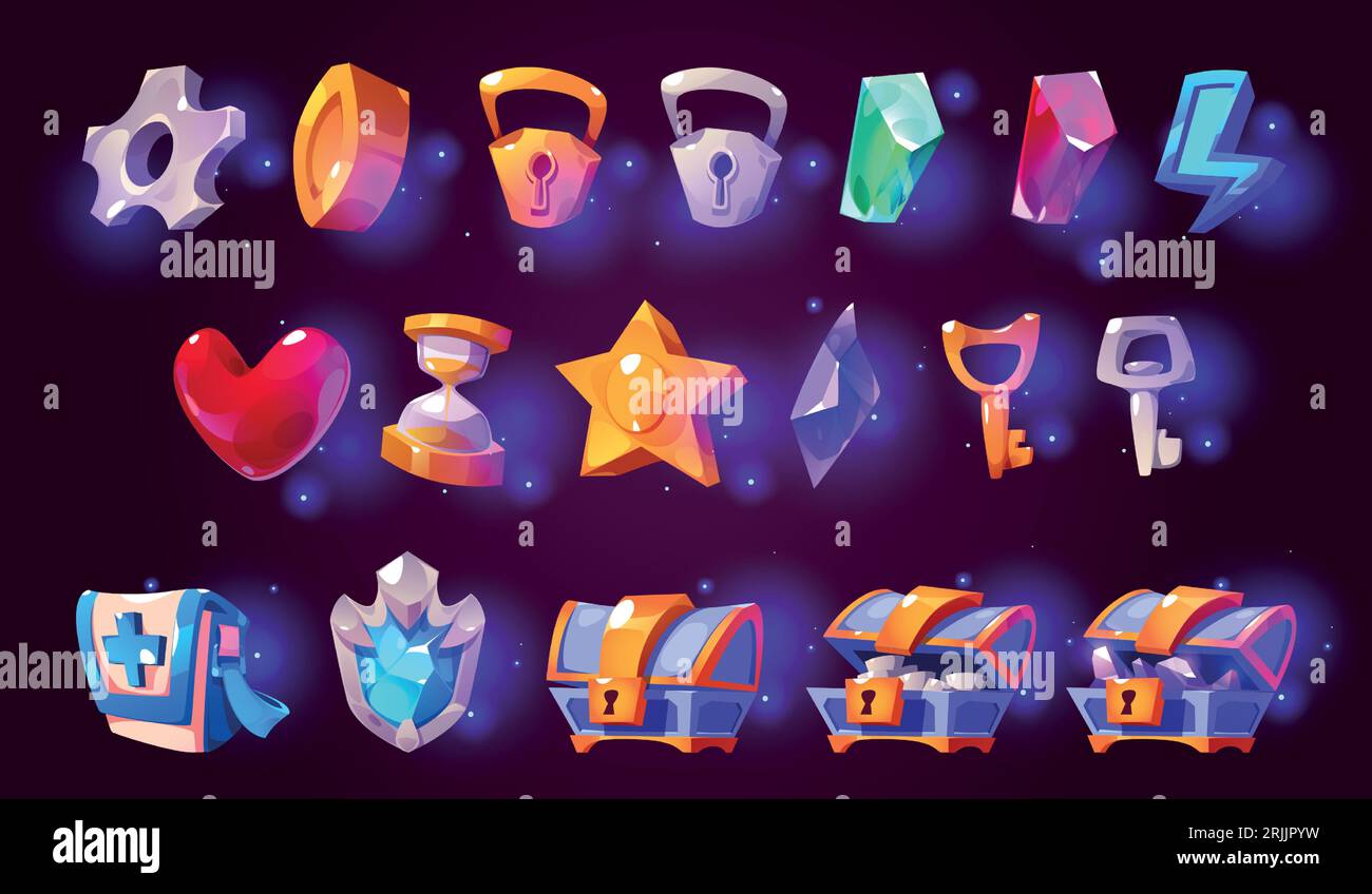 Casino ui game icon set with chest, coin and heart. Cartoon vector ...