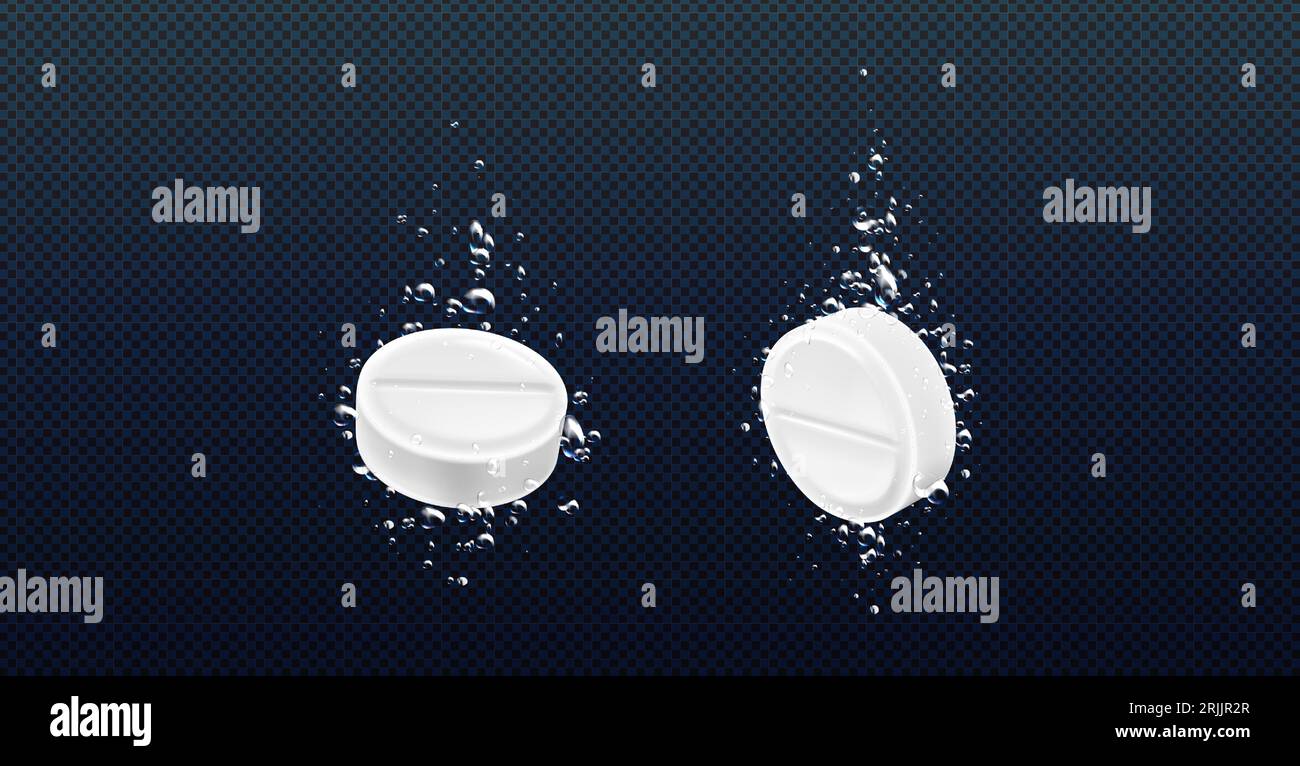 Effervescent pills falling in water. Vector realistic illustration of ...