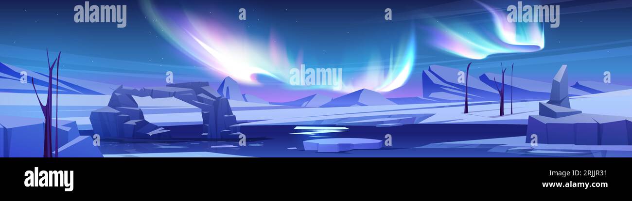 Alaska night cartoon panoramic background with polar aurora. North sky ...