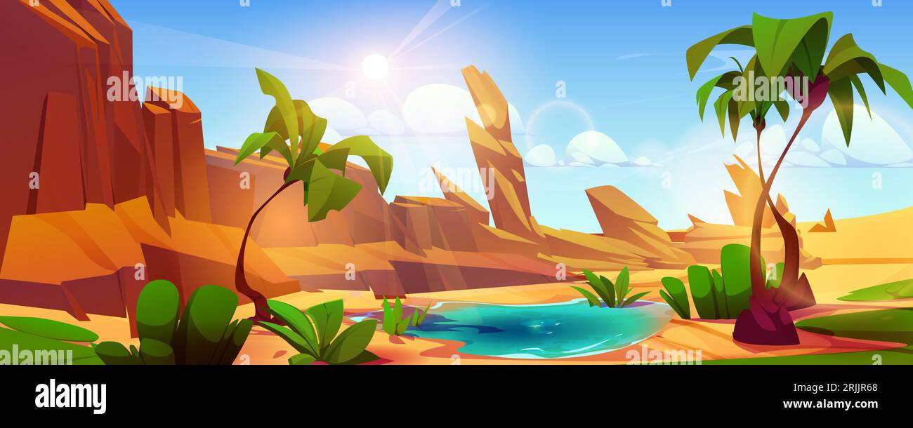 Desert oasis and palm tree landscape background. Rock boulder terrain ...