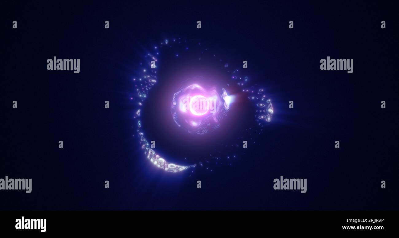 Abstract purple energy sphere with flying glowing bright particles ...