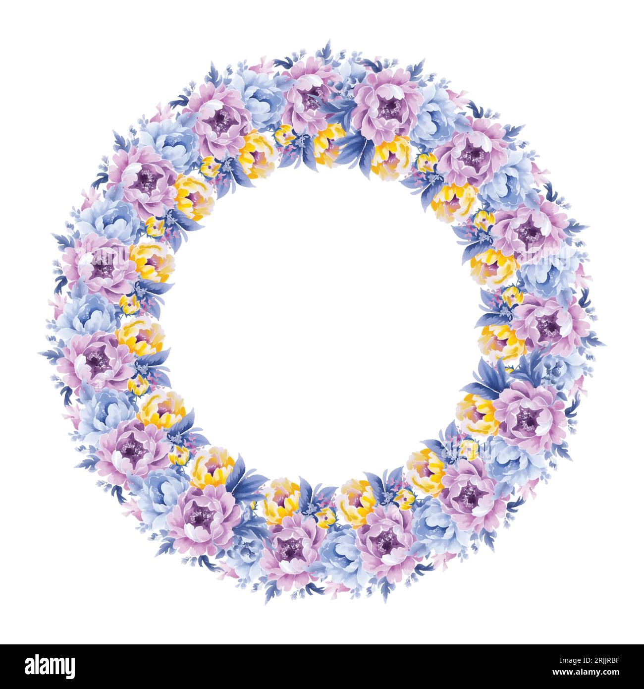 Wreath with purple lilac and lemon yellow flowers, green leaves and ...