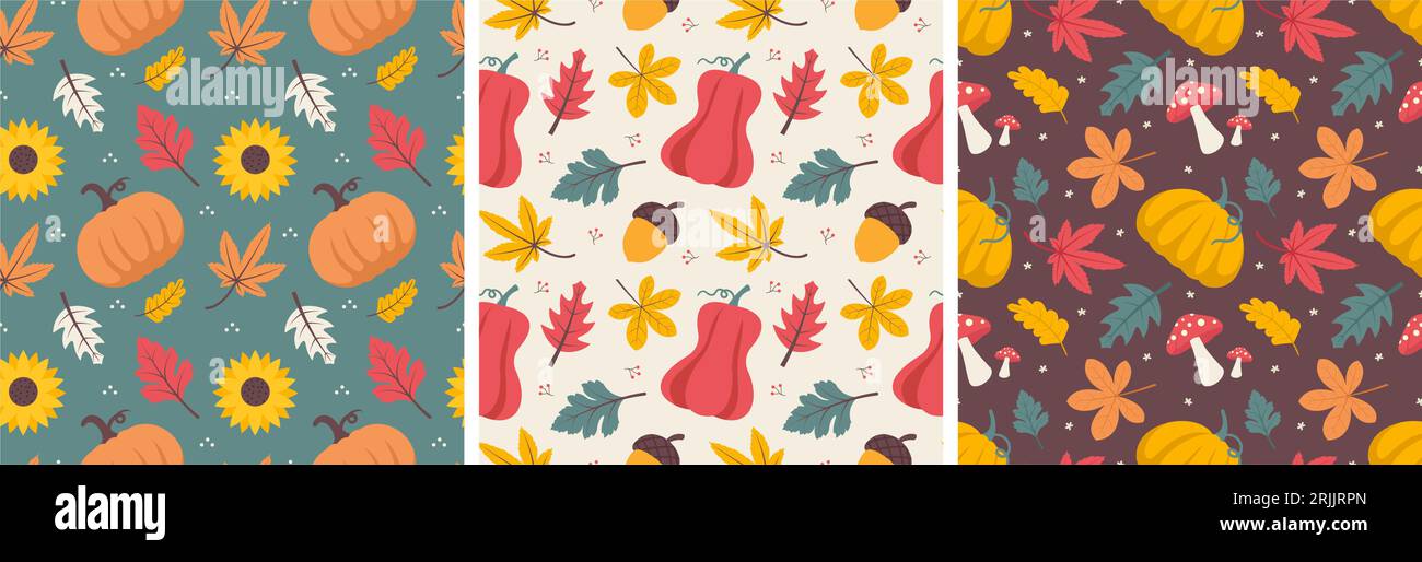 Set of Autumn Season Seamless Pattern Design with Fall Elements in ...