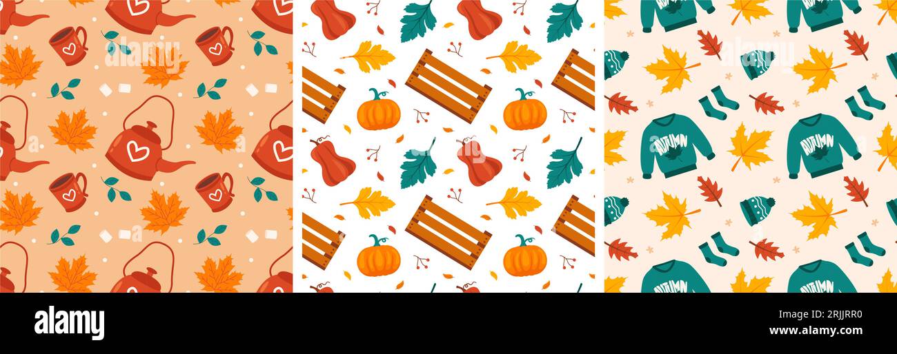 Set of Autumn Season Seamless Pattern Design with Fall Elements in ...
