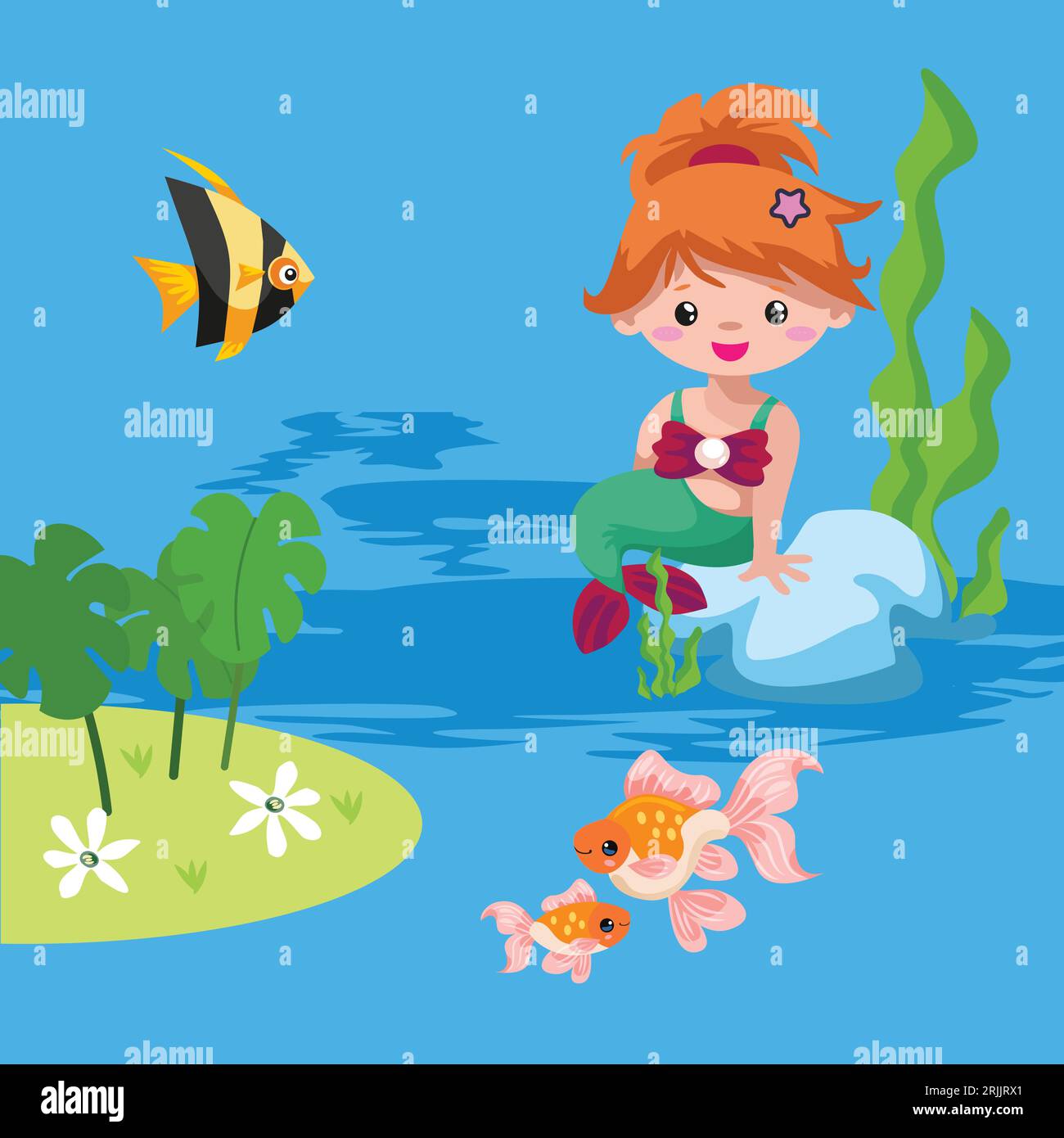 Cute little girl with fish in the pond. Vector illustration Stock ...