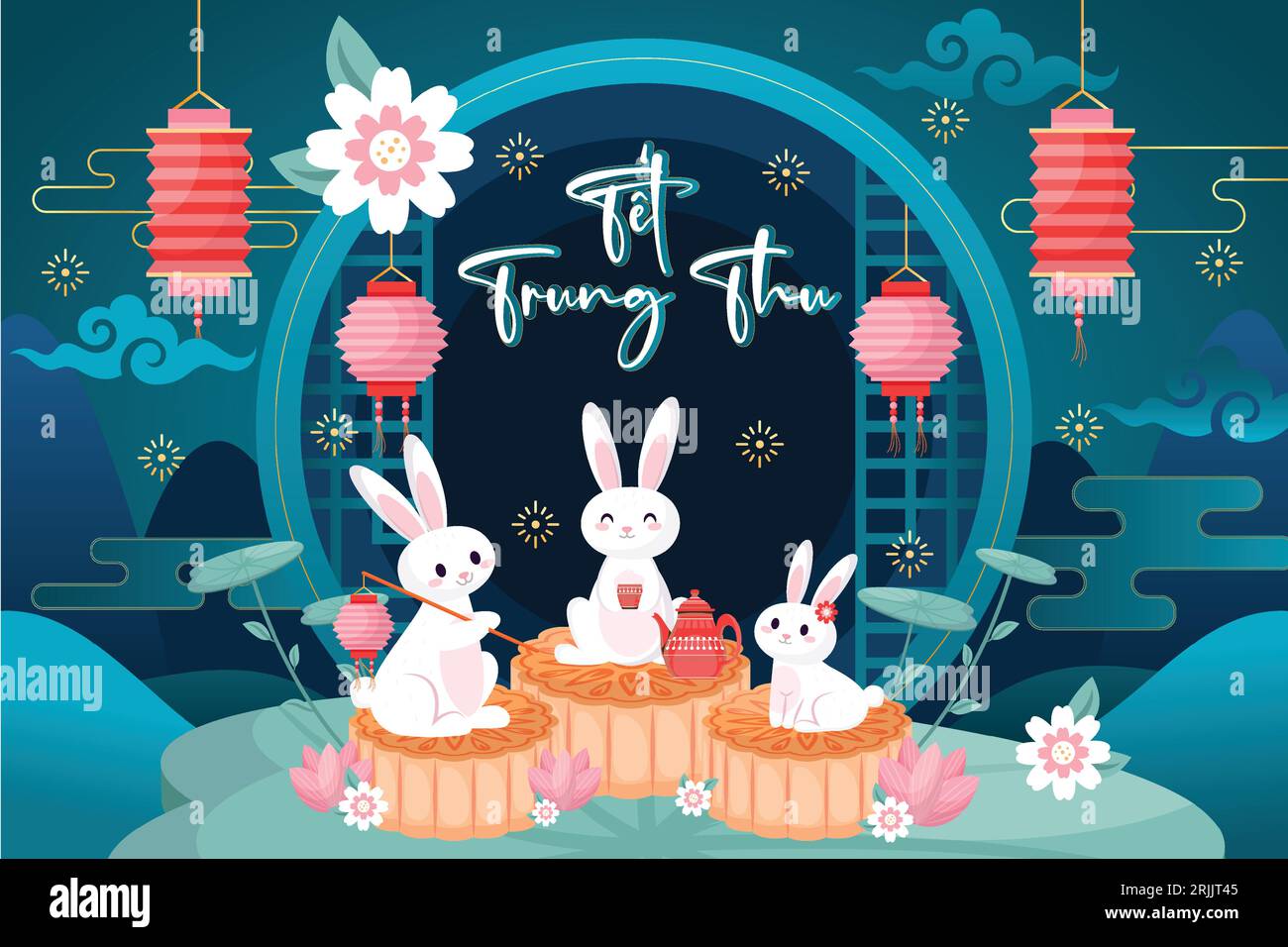 Happy Mid Autumn Festival greeting card with lanterns and rabbit ...