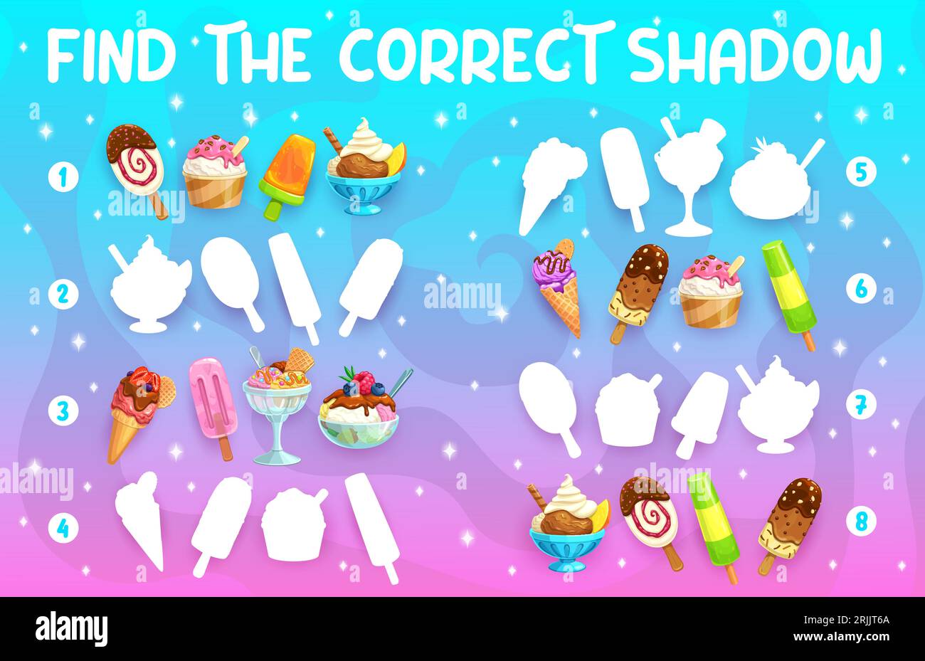 Find correct shadow of cartoon ice cream chocolate stick and vanilla ...