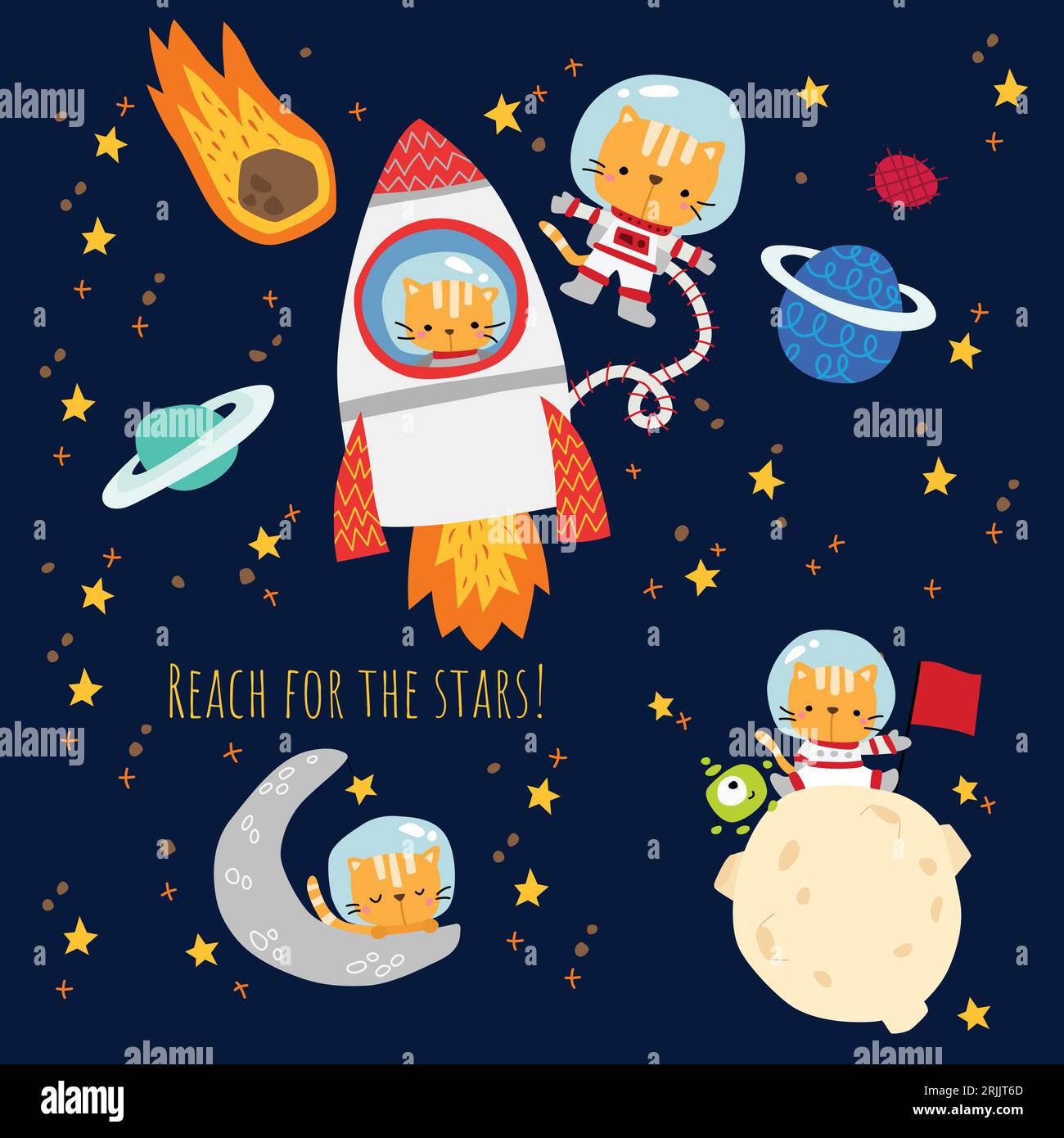 Cute cartoon space card with astronaut, rocket, planets and stars ...