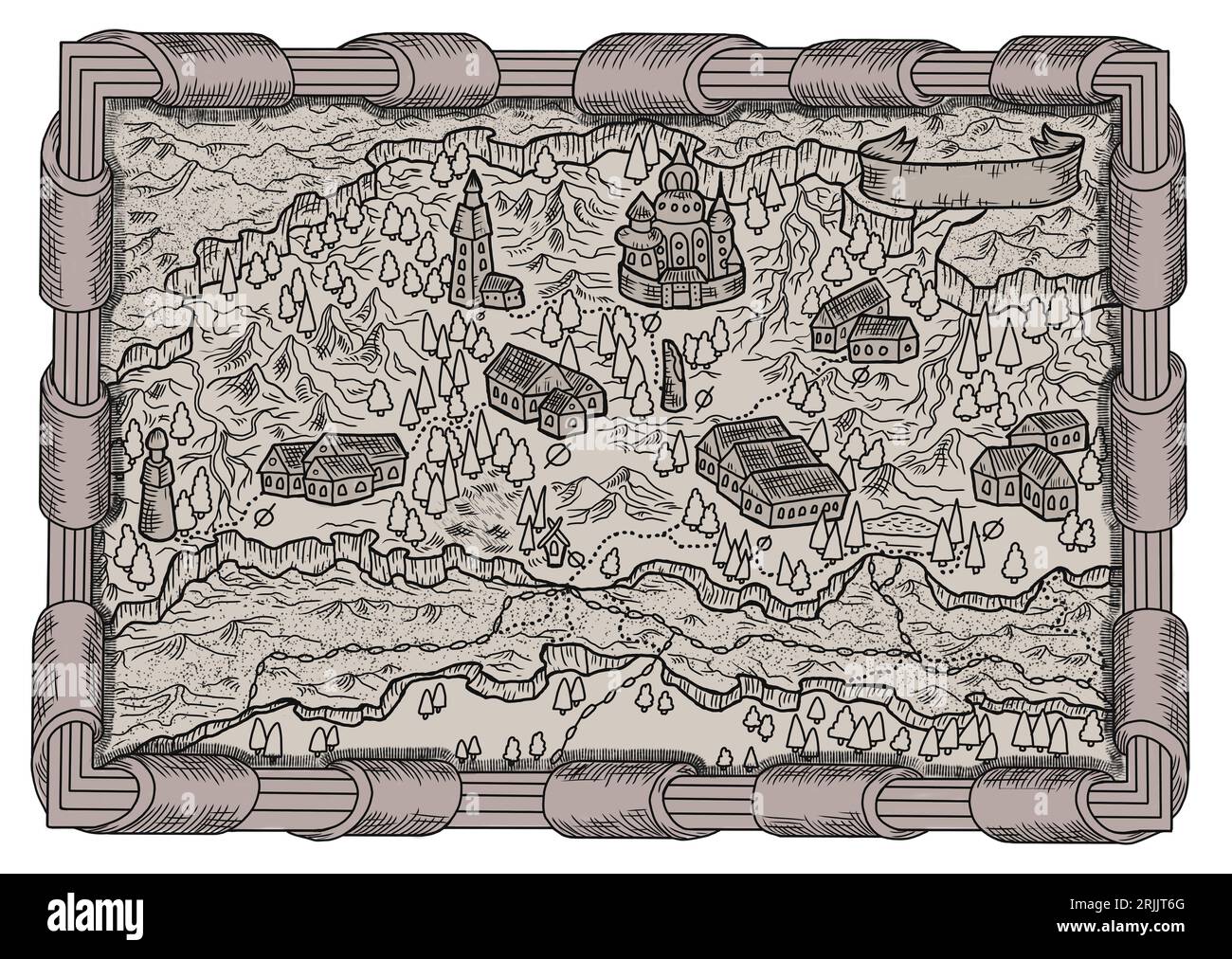 Old fantasy map with medieval unknown land, towns, mountain and trees ...