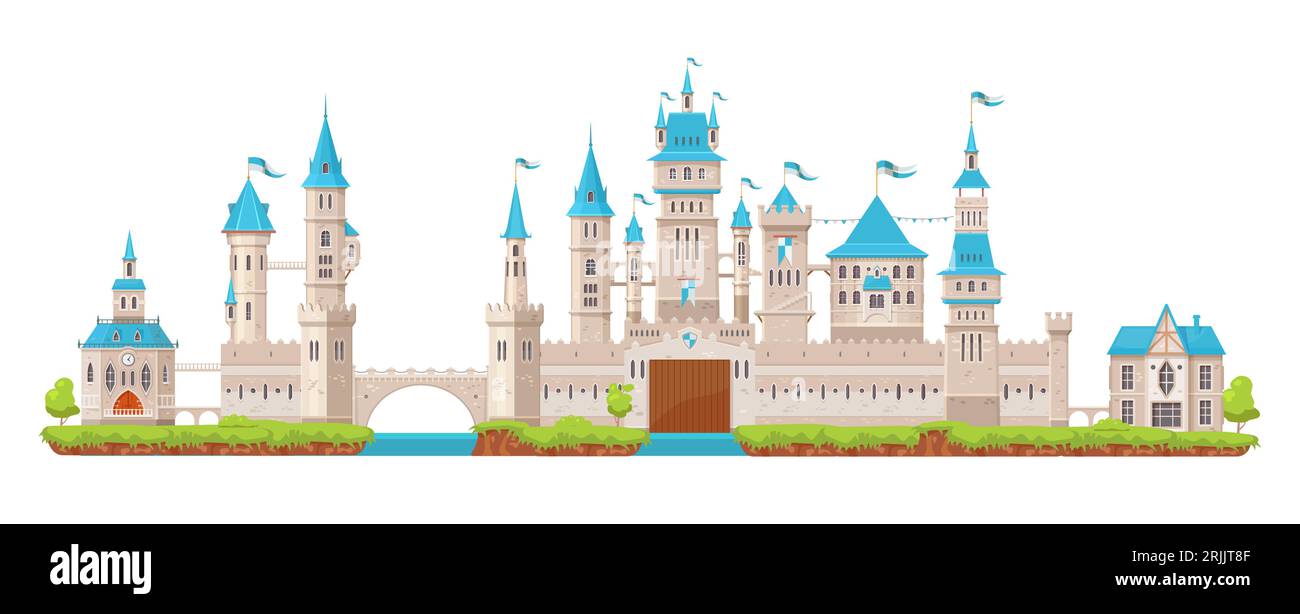 Wall and palace, gate and tower turret of Medieval fortress castle ...