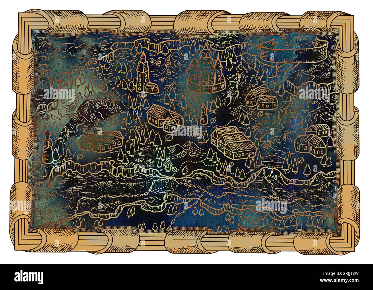 Old fantasy map with medieval unknown land, towns, mountain and trees ...
