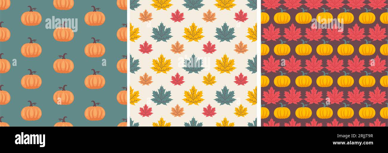 Set of Autumn Season Seamless Pattern Design with Fall Elements in ...