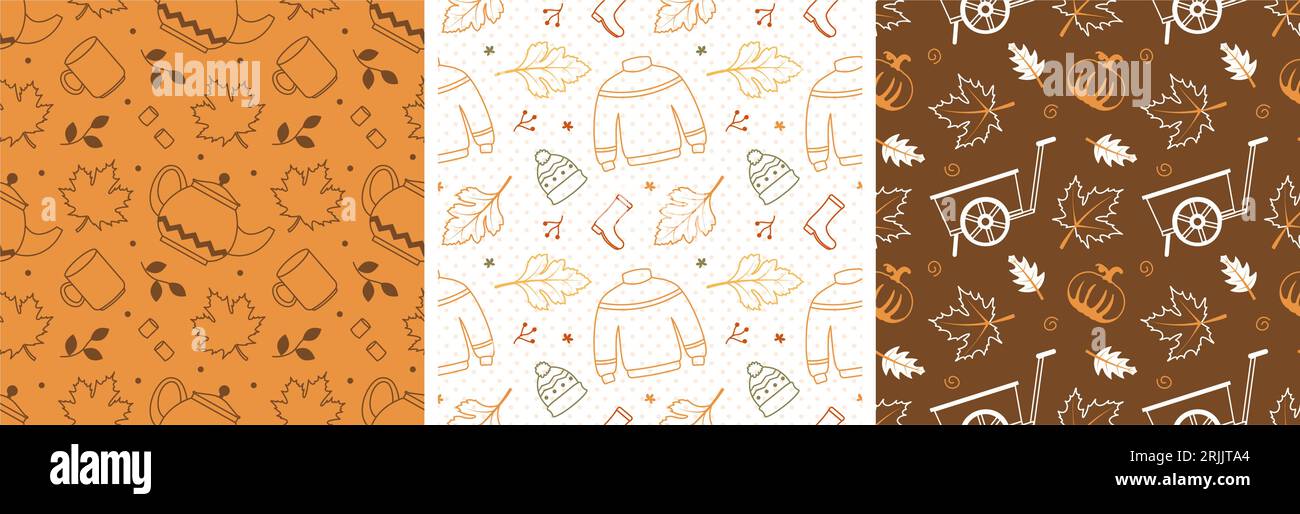 Set of Autumn Season Seamless Pattern Design with Fall Elements in ...