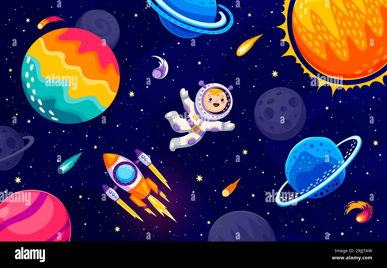 Cartoon astronaut character in outer space, galaxy planets and flying ...