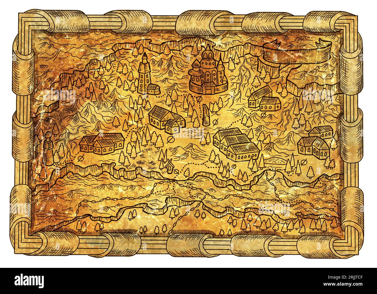 Old fantasy map with medieval unknown land, towns, mountain and trees ...