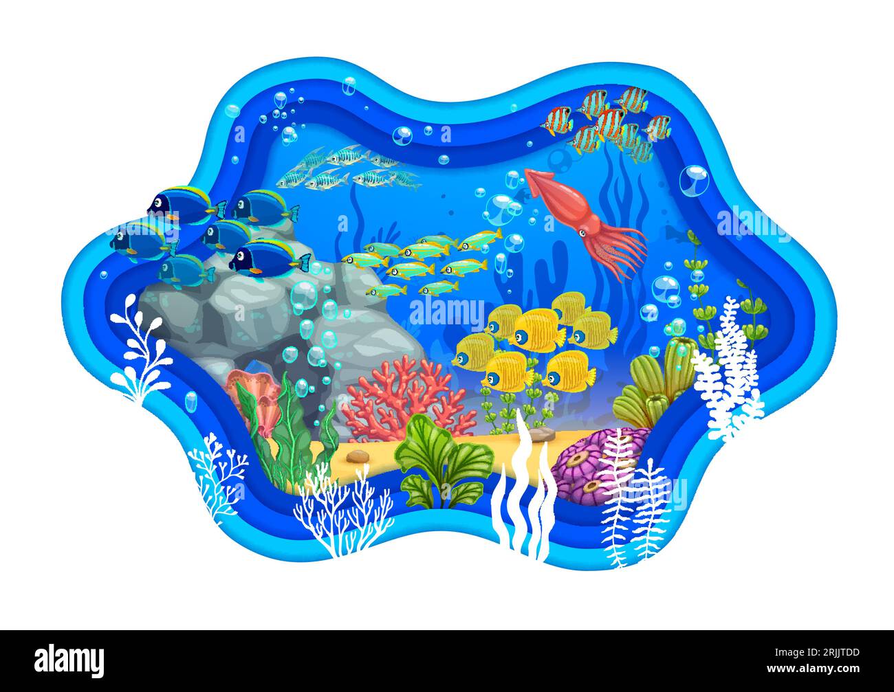 Cartoon tropical fish shoals, corals and seaweeds on sea paper cut ...
