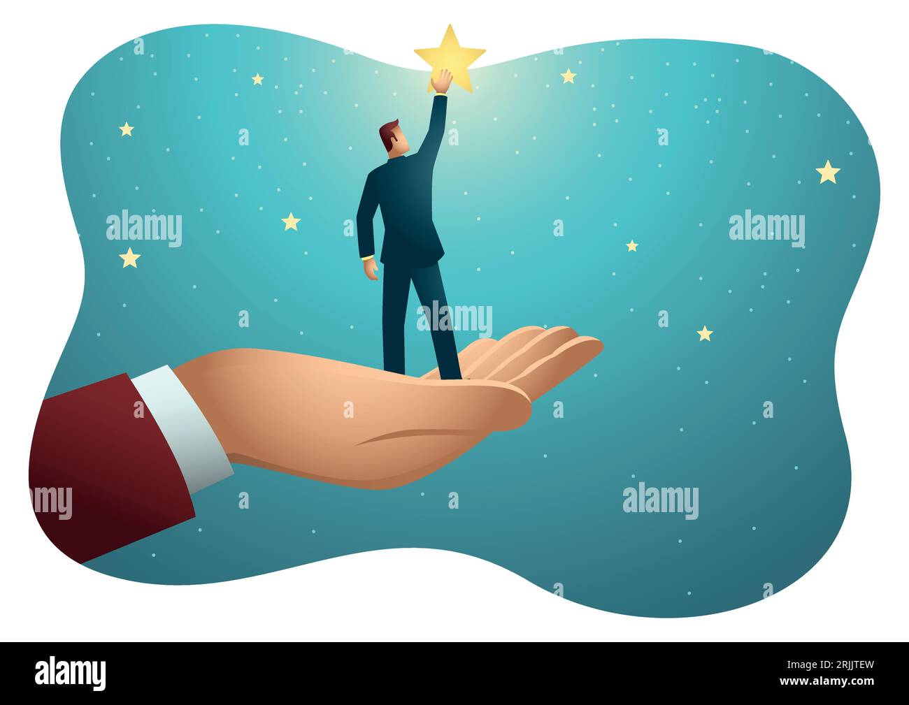 Business vector illustration of giant hand helping a businessman to reach out for the stars ...