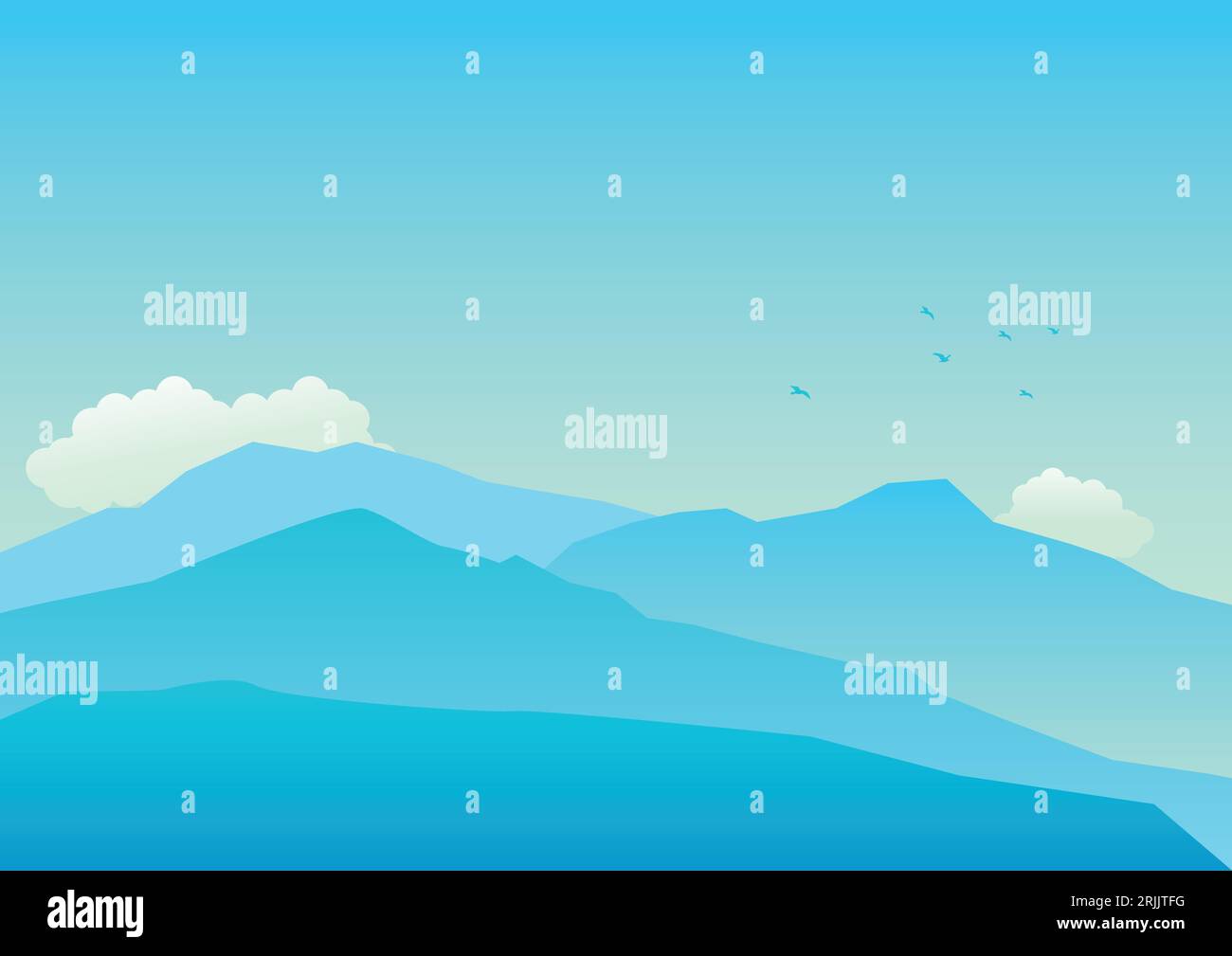 Graphic illustration of mountains landscape in blue colors, relaxing ...