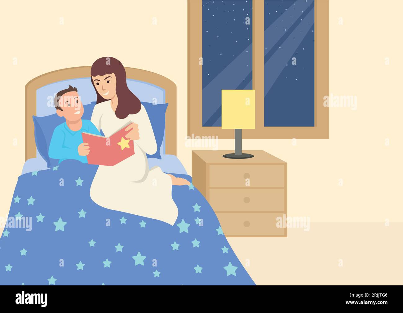 Simple flat vector illustration of a mother reading a book to her child ...