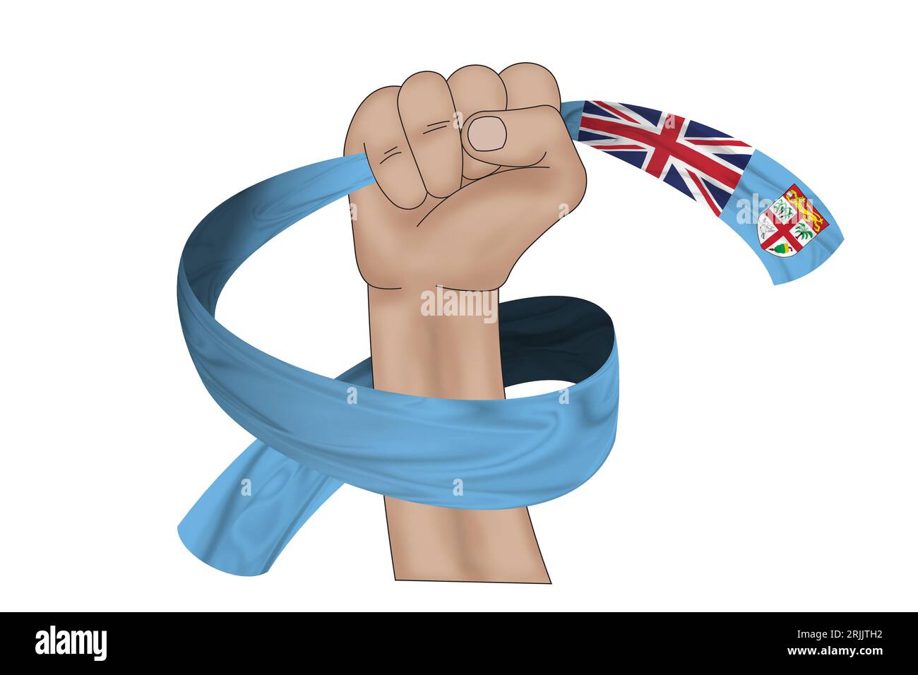 3D illustration. Hand holding flag of Fiji on a fabric ribbon ...