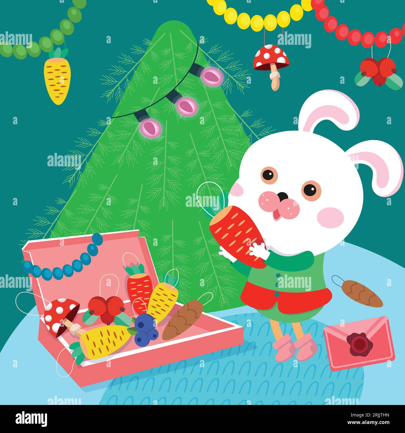 Cute cartoon bunny with Christmas tree and gifts. Vector illustration ...