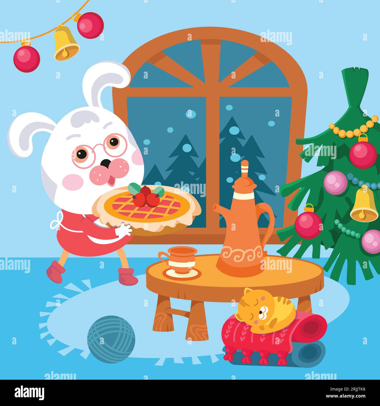 Cute cartoon rabbit in a Santa Claus costume with a cup of tea and a ...