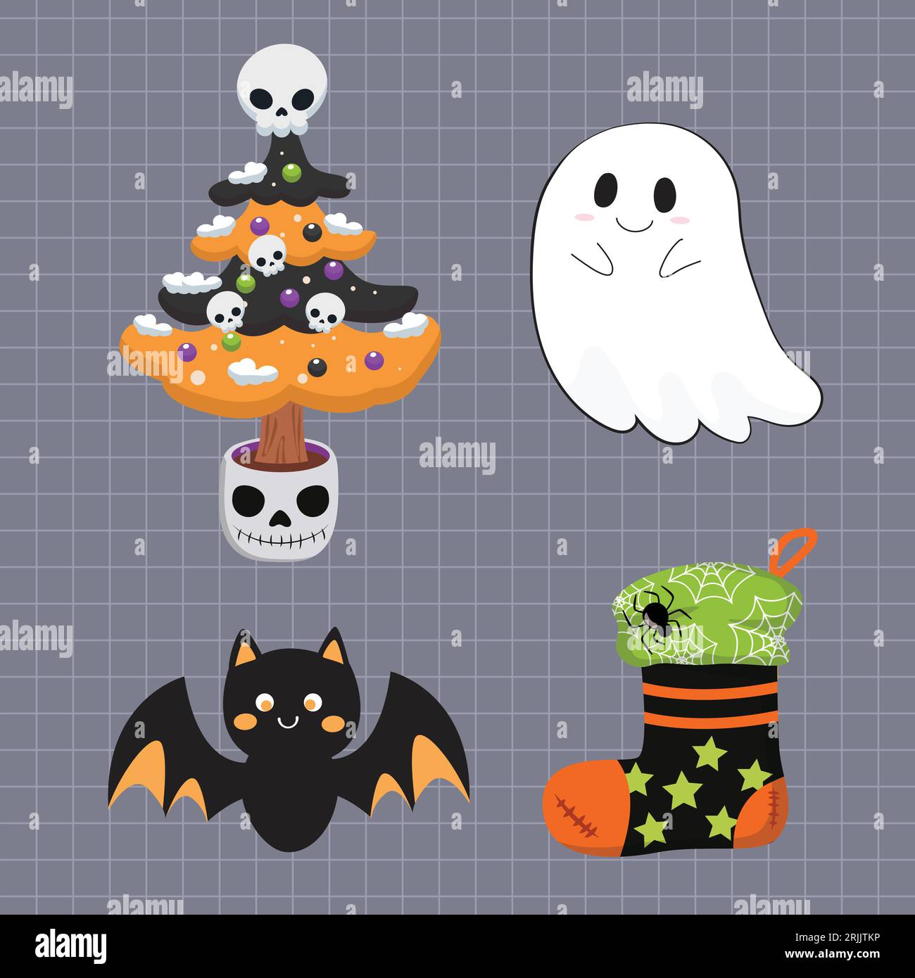 Halloween card with cute cartoon characters. Vector illustration for ...