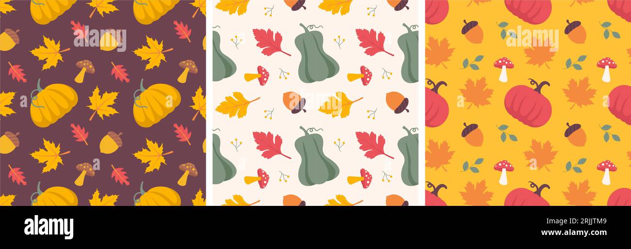 Set of Autumn Season Seamless Pattern Design with Fall Elements in ...