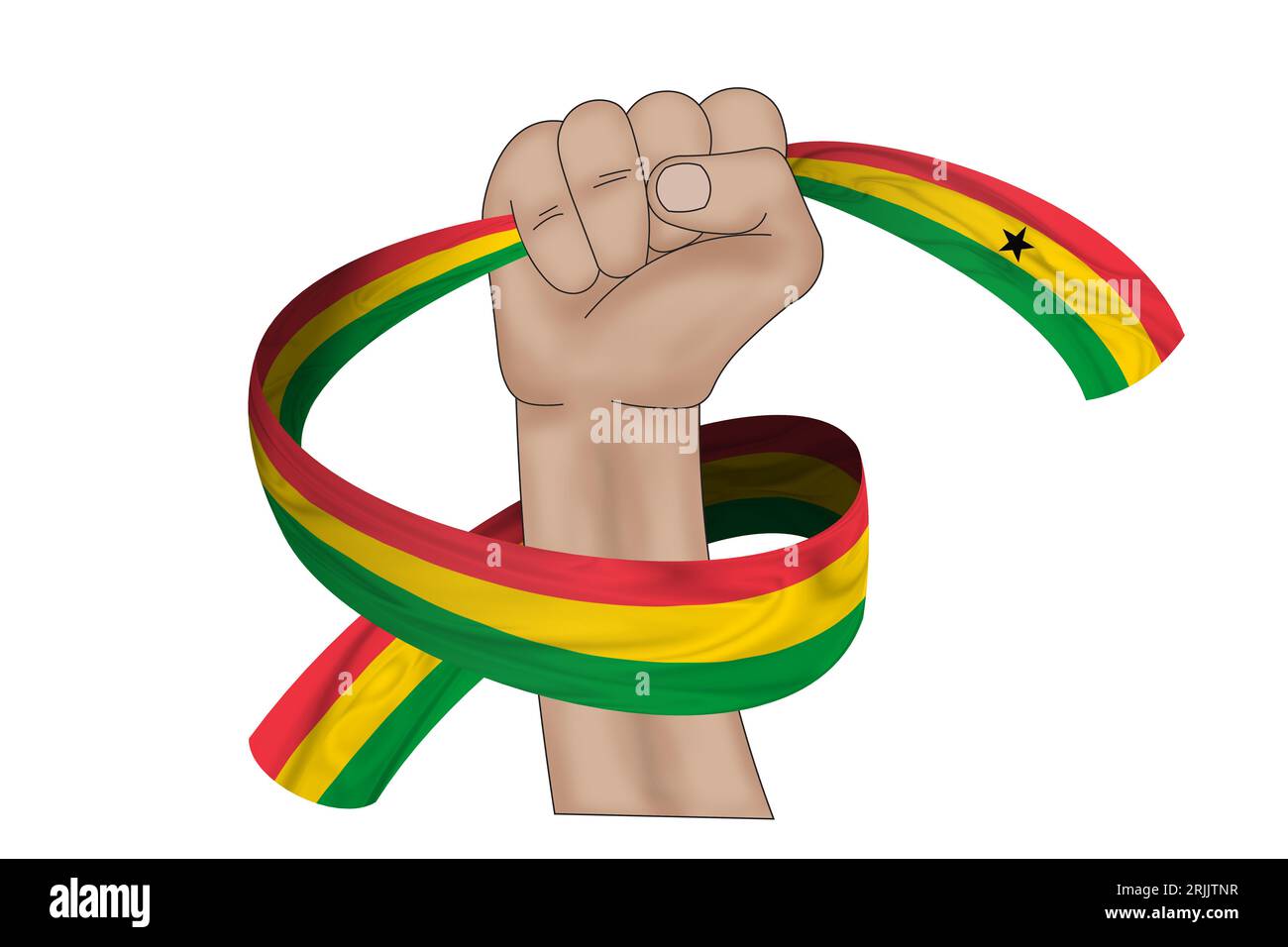 3D illustration. Hand holding flag of Ghana on a fabric ribbon ...