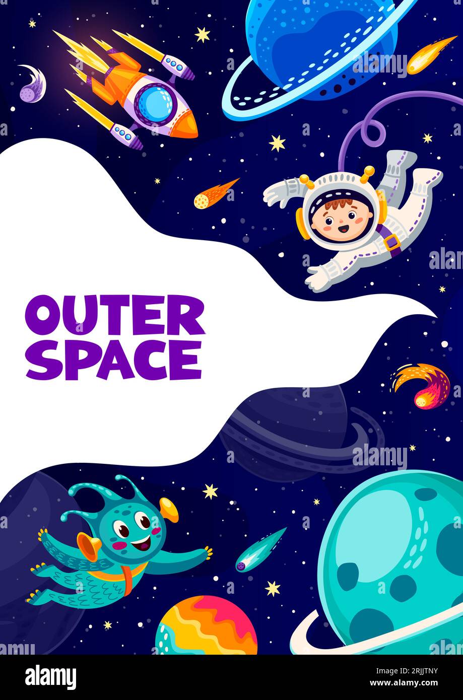 Space poster with cartoon alien, rocket and kid astronaut between space ...