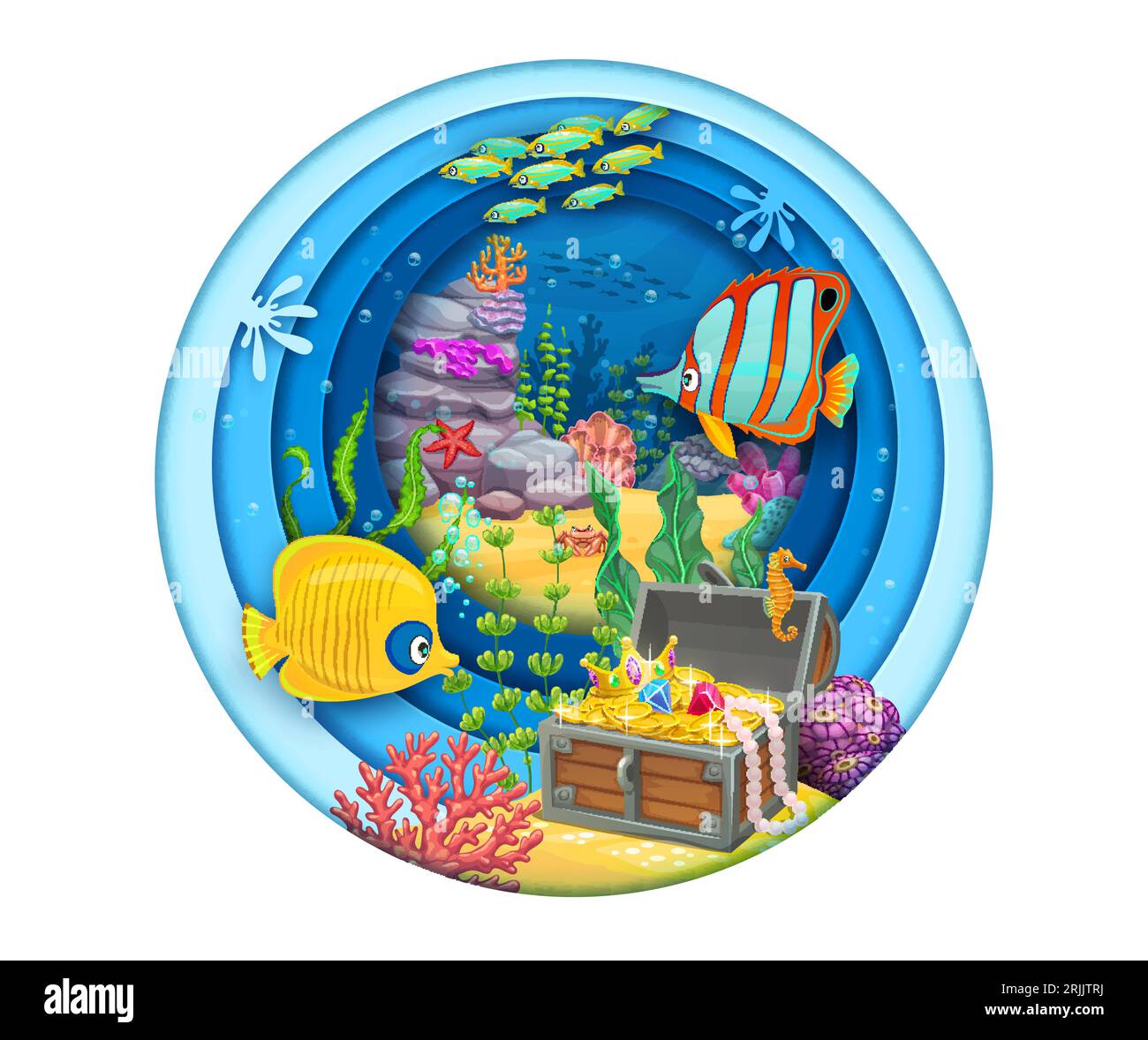 Cartoon tropical fish and pirate treasure chest on sea paper cut ...