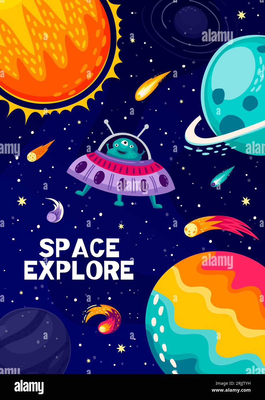 Cartoon space landscape poster with UFO, alien and planets in galaxy ...