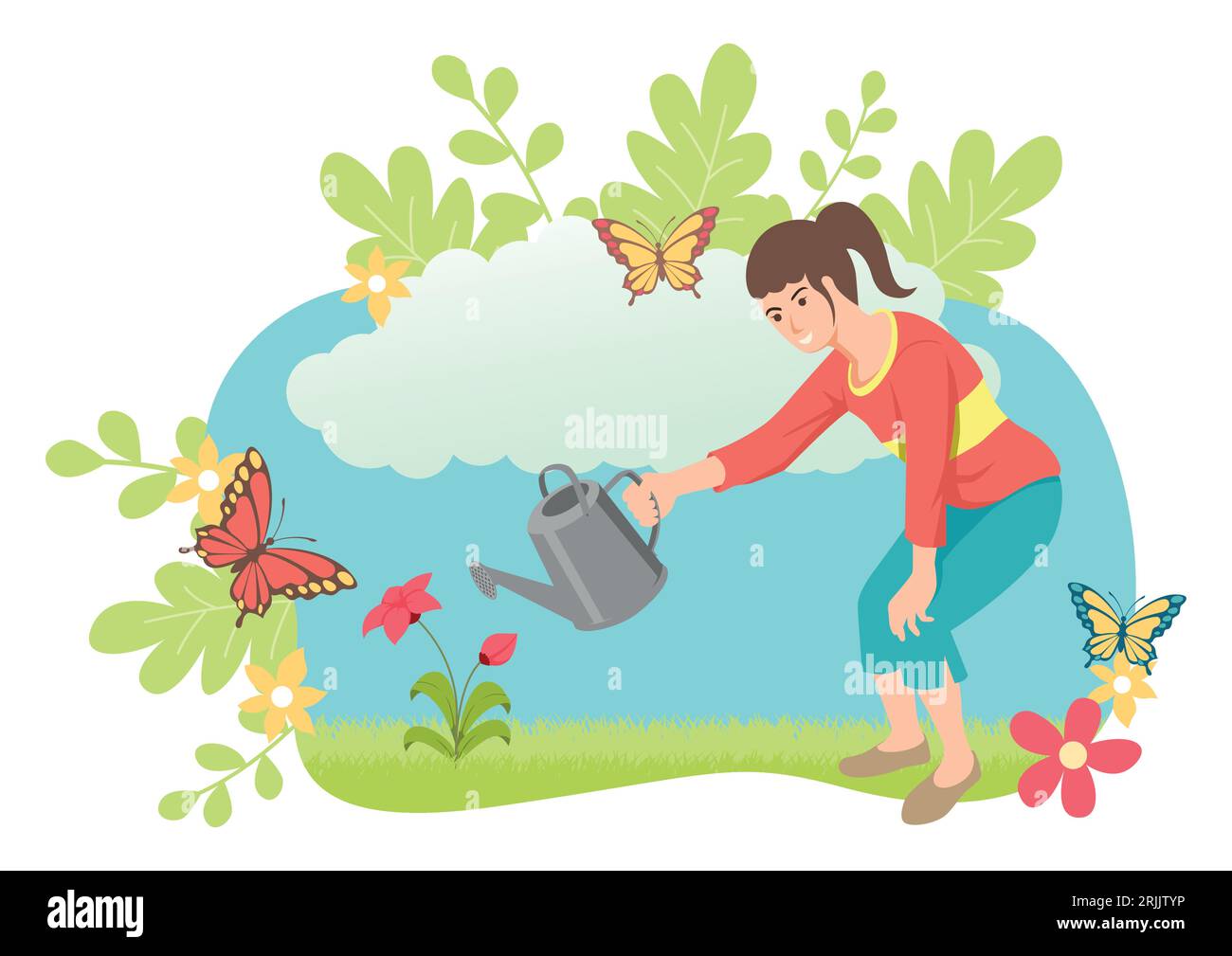 Simple Flat Vector Illustration Of A Girl Watering Plant Stock Vector