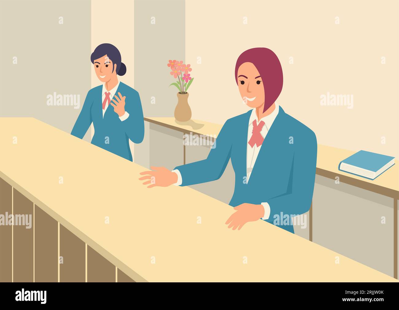 Simple flat vector illustration of women in front office with uniform. Bank teller. Customer ...