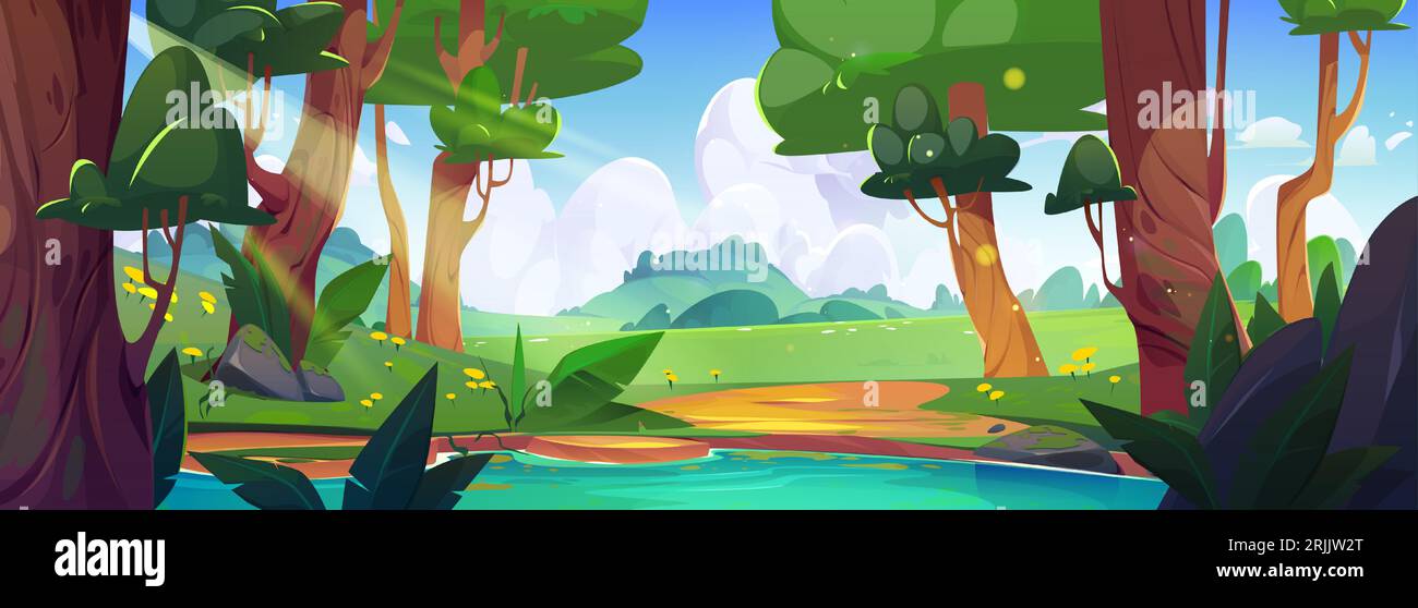 Cartoon forest landscape with lake between trees. Vector illustration ...